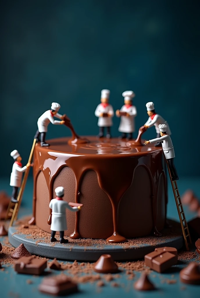 A hyper-realistic image of a giant chocolate cake being decorated by ...
