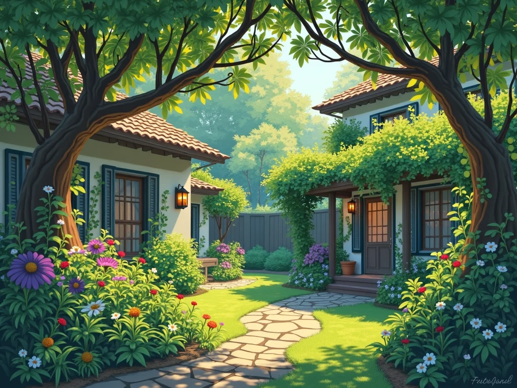 The backyard of a private house, all in branches and leaves in an ...