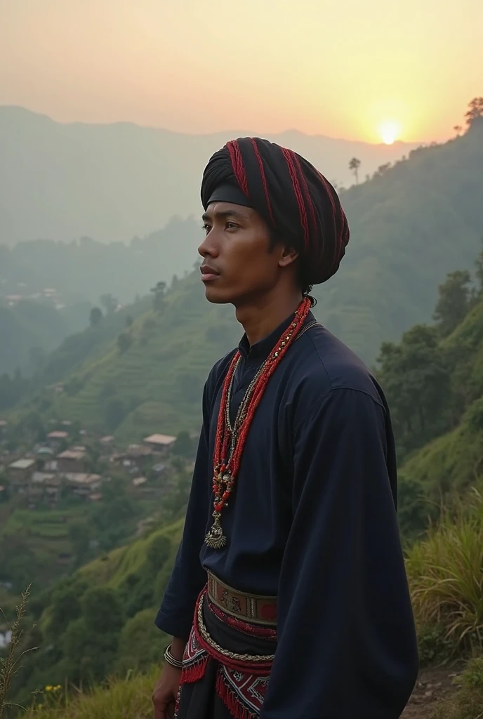 "A handsome young Pa-O ethnic man in full traditional attire standing ...