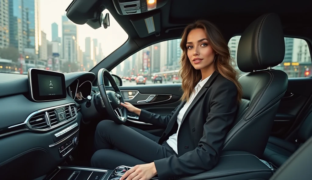 A 20-year-old businesswoman wearing a suit and pants driving a Mercedes ...