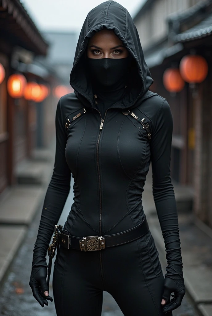 Create a female assassin outfit in the style of Japan and ninjas ...