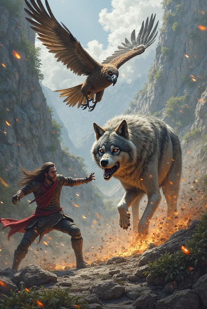 A wolf and a falcon are fighting against the bad guys - SeaArt AI