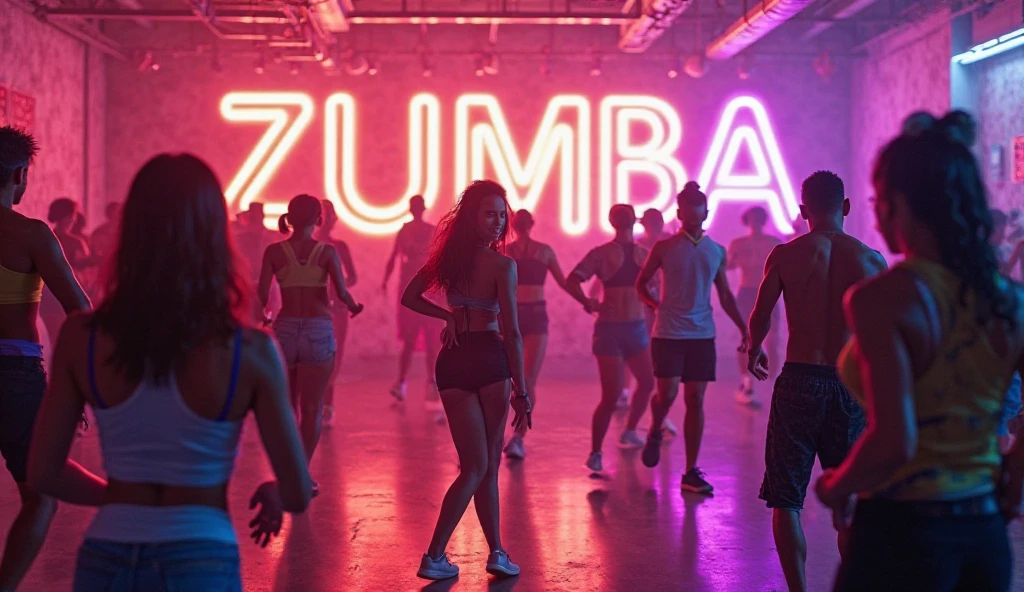 "A hyper-realistic, high-energy digital photograph of a Zumba fitness ...