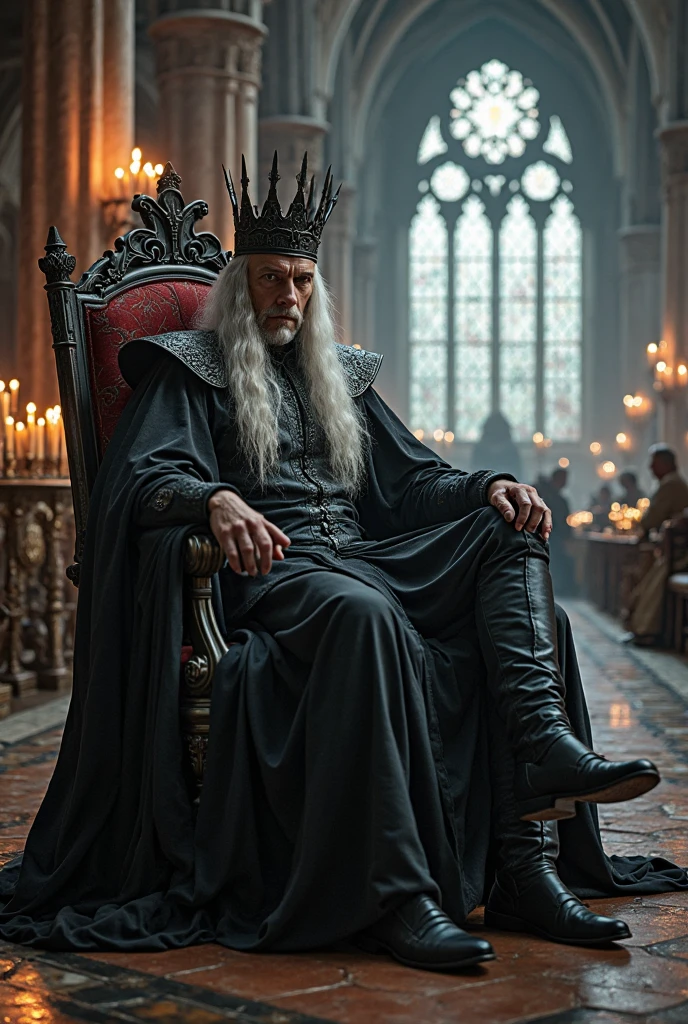 Dark, , a majestic king with long silver hair in black leather robes ...