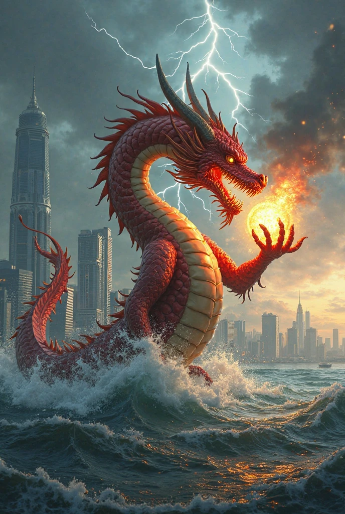 A huge , red-gold dragon warrior with shimmering scales rises from the ...