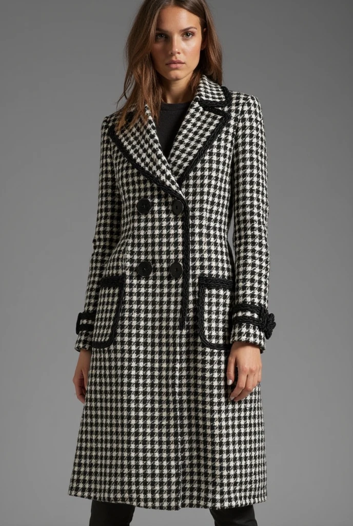 A coat with a small black and white houndstooth length up to the middle ...