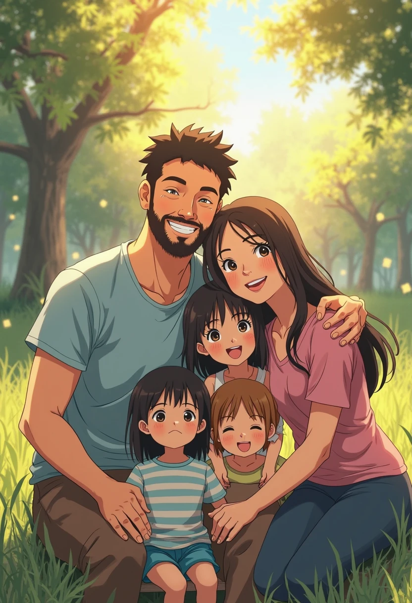 "A heartwarming anime-style family portrait in Studio Ghibli style ...
