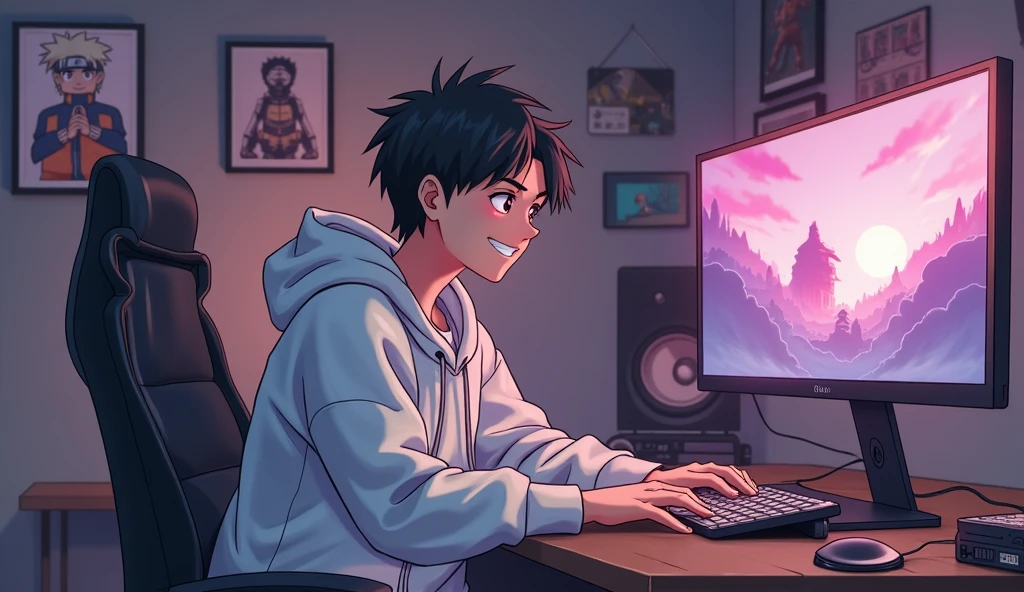 Create a anime boy who have a mature looking like a man facing in front ...