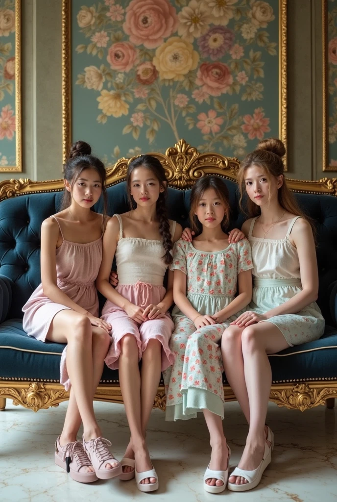 Four ren are sitting on an ornate gold-trimmed couch with dark navy ...