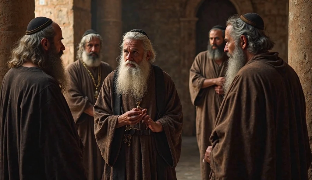 (((A group of Jewish in biblical era))) leaders stand in a dark corner ...