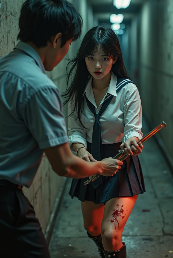 A beautiful Asian woman is being stabbed in her thigh with a cutter in ...