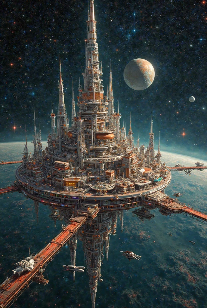 Make me a retro futuristic utopian city from the 60's floating in a ...