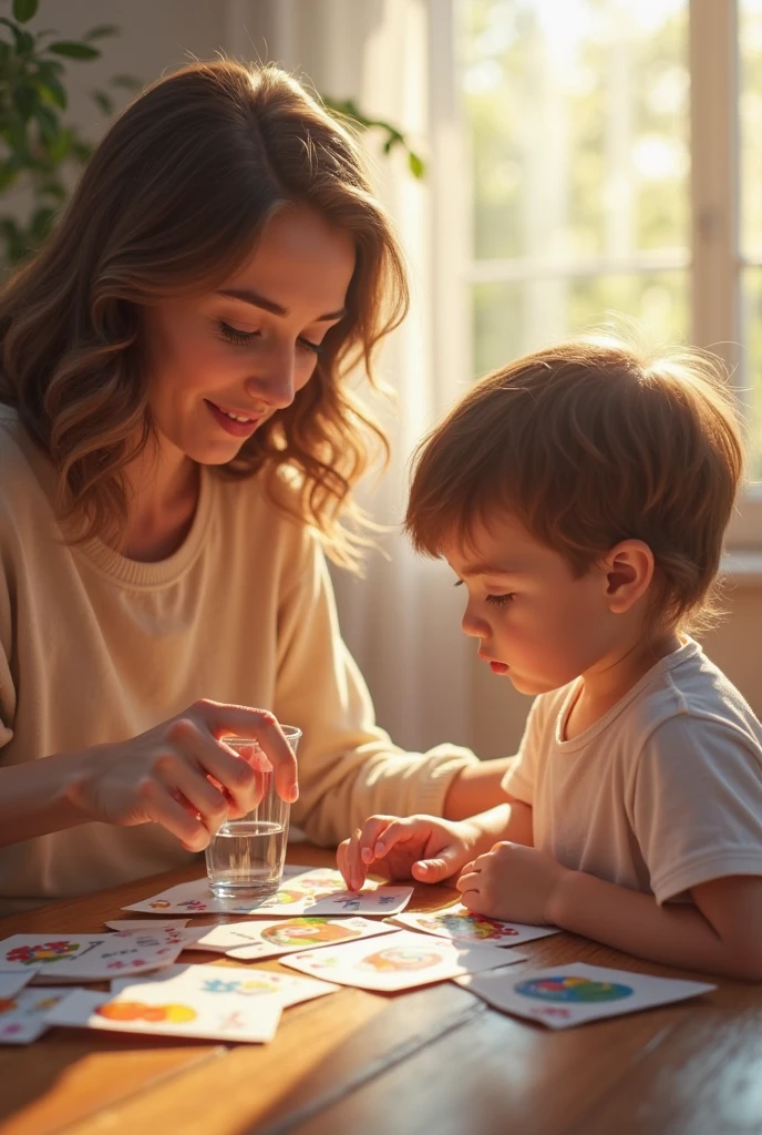 A mother teaching her autistic to use picture exchange communication ...