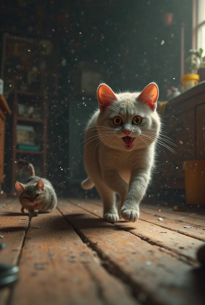 In the other, a mouse escaping from the cat. - SeaArt AI