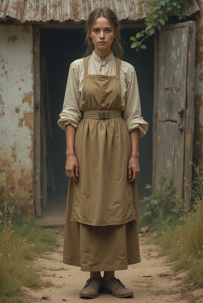 Create a young, poor, white woman from 1850, outfit Make it full body ...