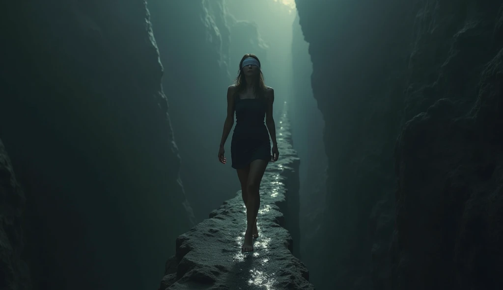 "Blindfolded woman walking over an abyss, with light footprints ...