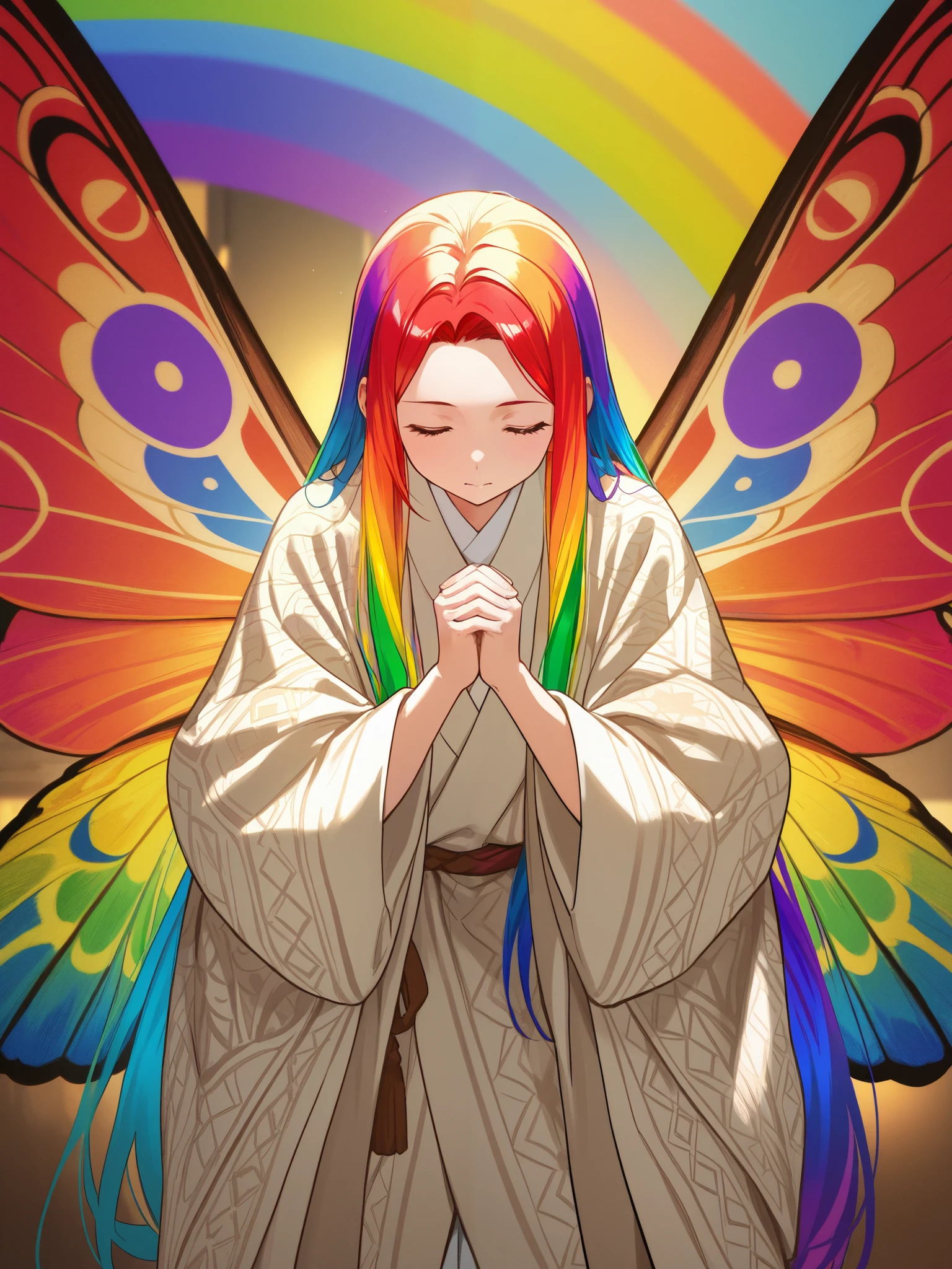 Anime - style image of a woman with a butterfly wings and a rainbow ...