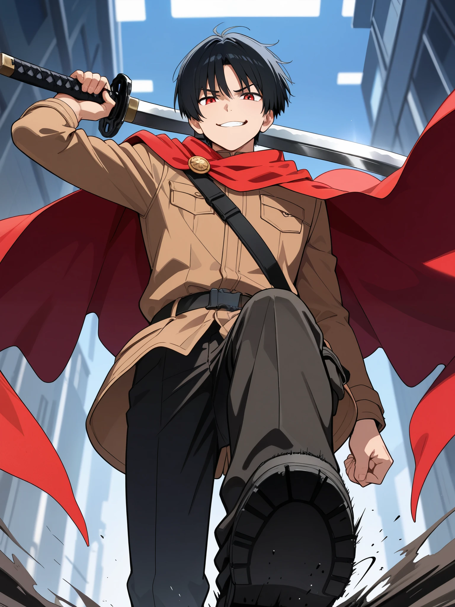 Anime character with sword and cape walking down a city street - SeaArt AI