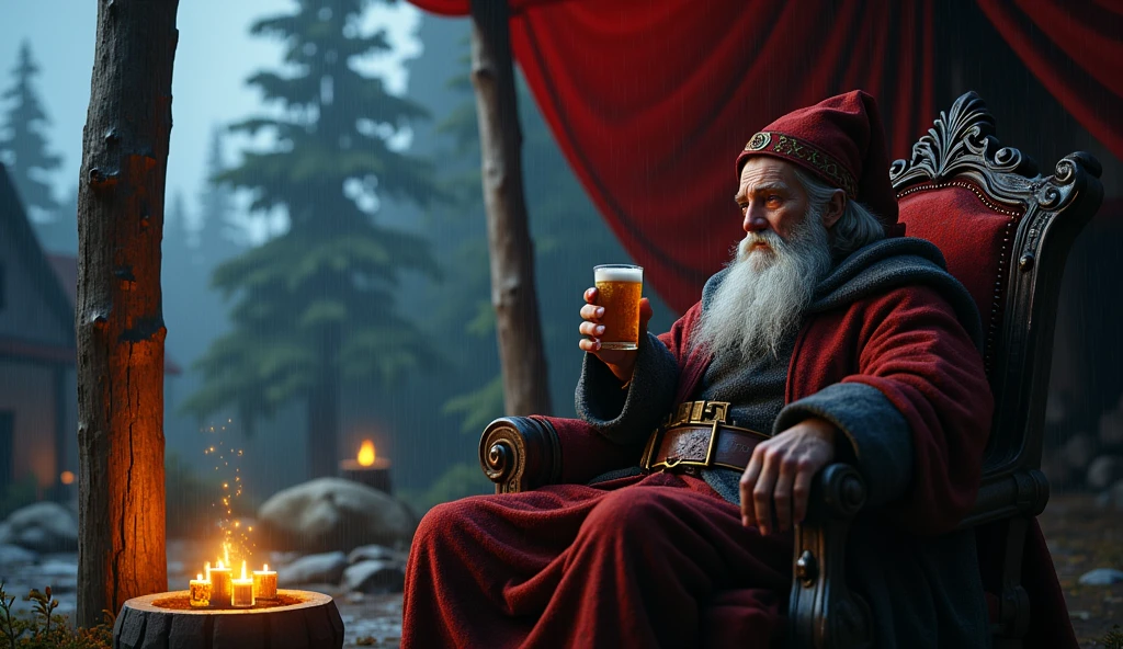A medieval wizard sitting in a chair under a tent drinking some mead ...
