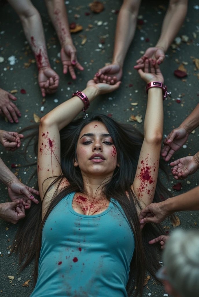Young dead mexican girl with long straight hair lying down in a street with arm - SeaArt AI