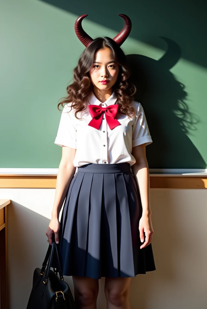 Long curly hair, white short-sleeved blouse, red bow tie, navy pleated ...