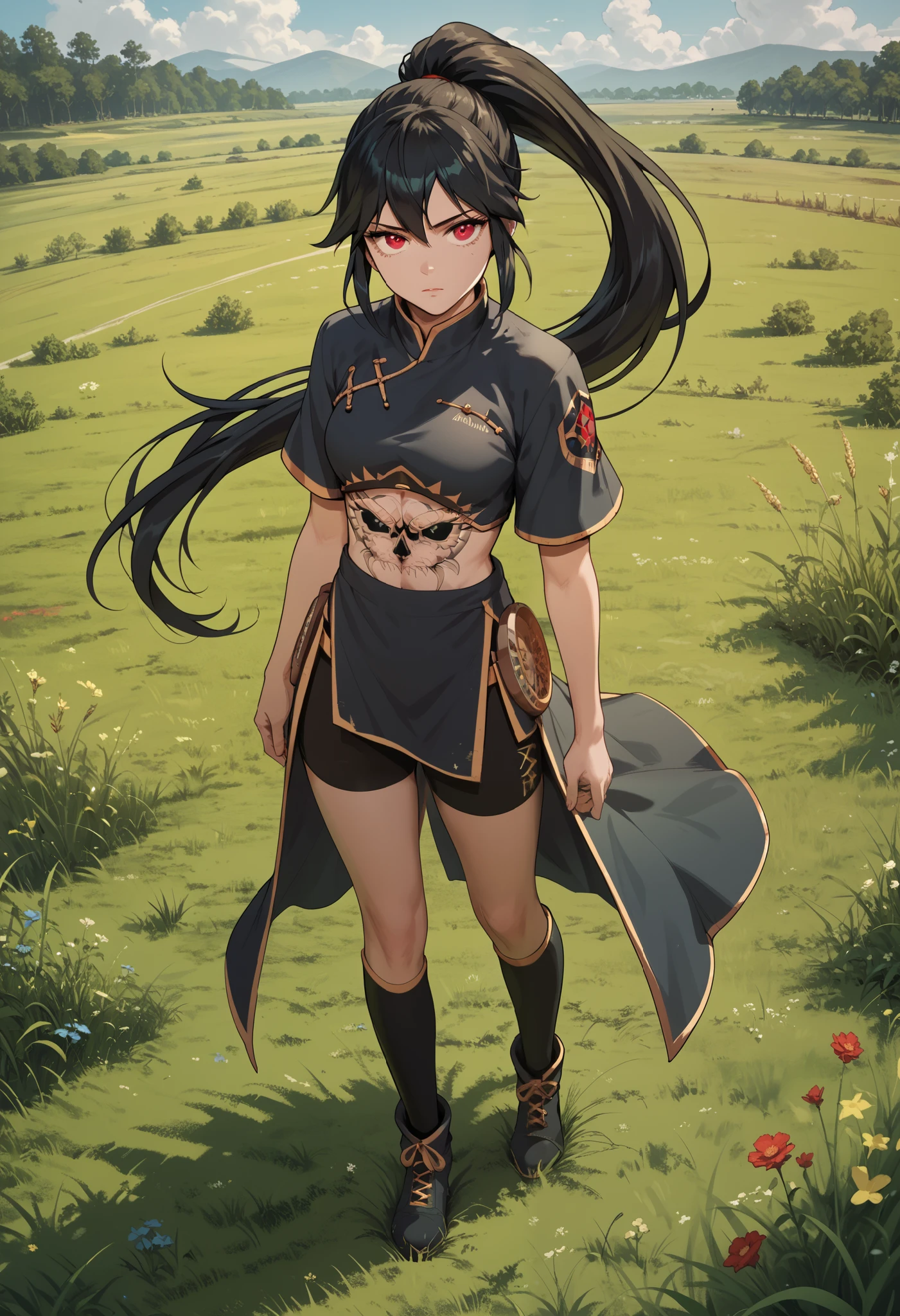 Anime girl in a field with a sword and a shield - SeaArt AI