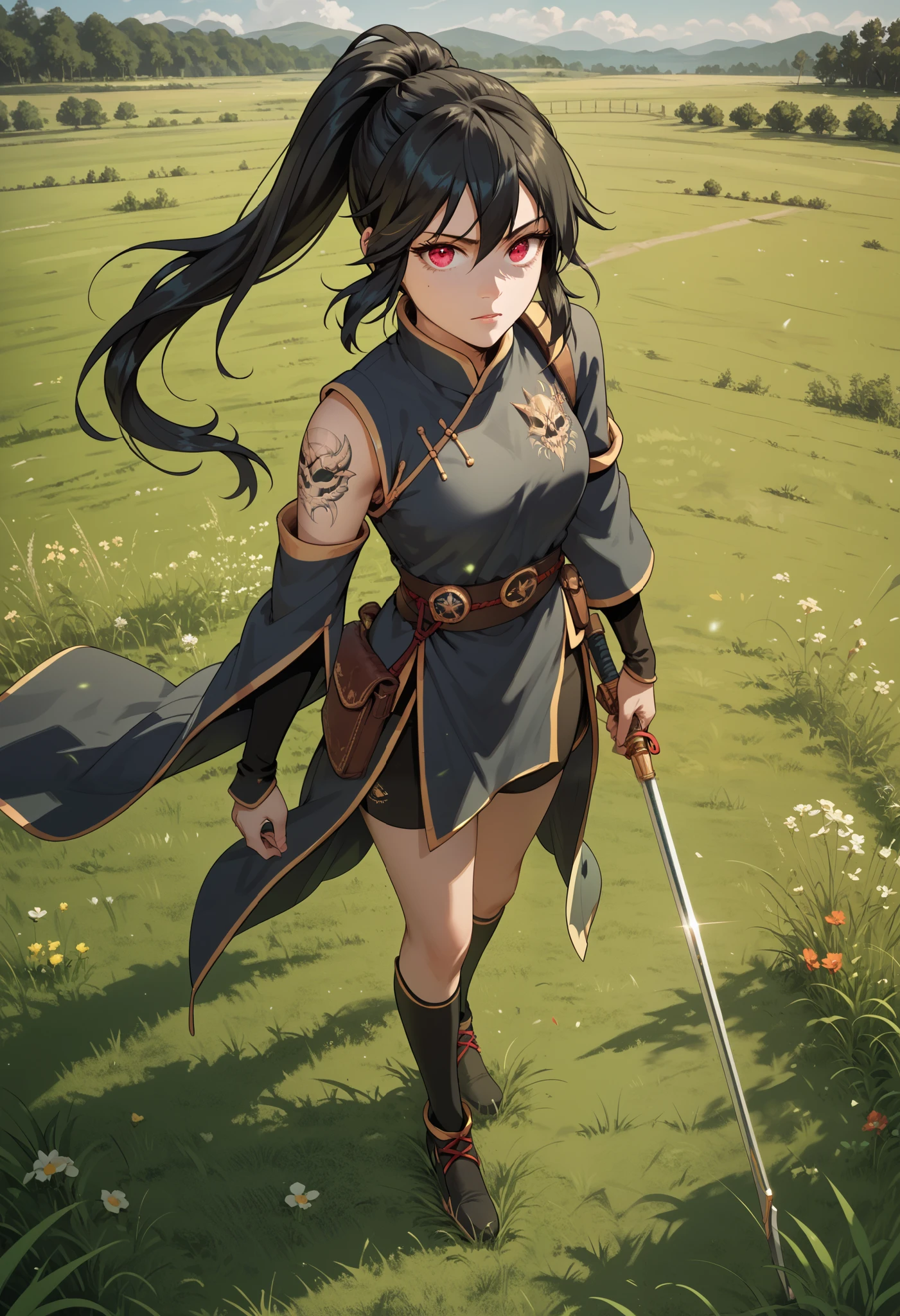 Anime girl with long black hair and red eyes walking in a field - SeaArt AI