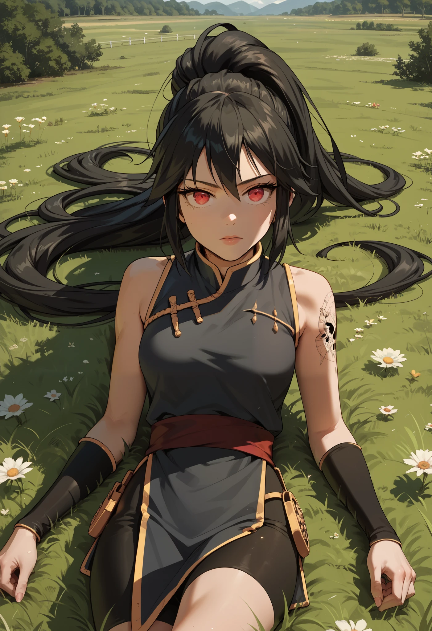 Anime girl laying on the ground with long black hair - SeaArt AI