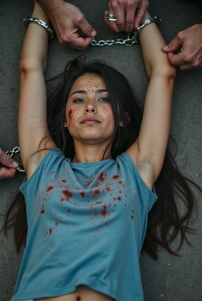 young mexican girl with long straight hair lying down in a street with ...