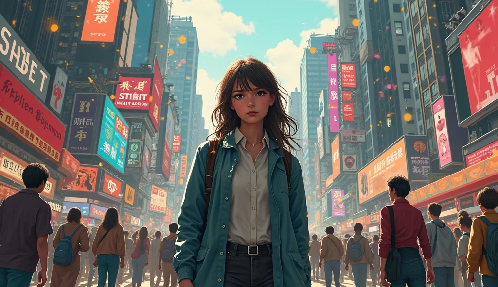 A bustling city , with Emily standing in the street, looking around ...