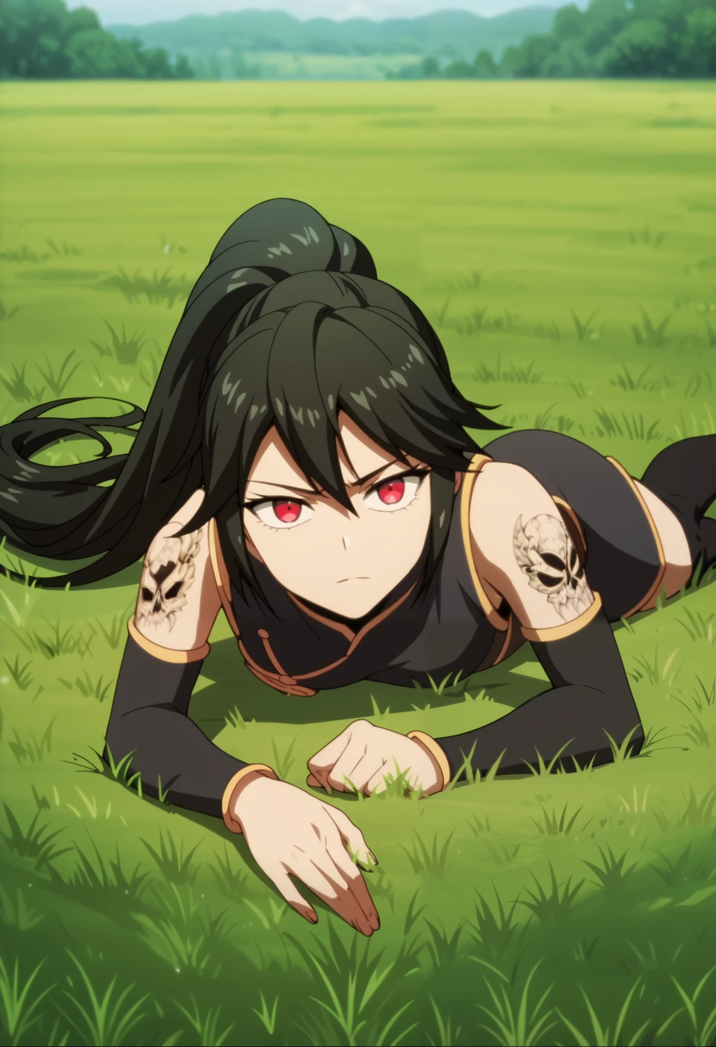 Anime girl laying on the ground in a field with her arms crossed ...