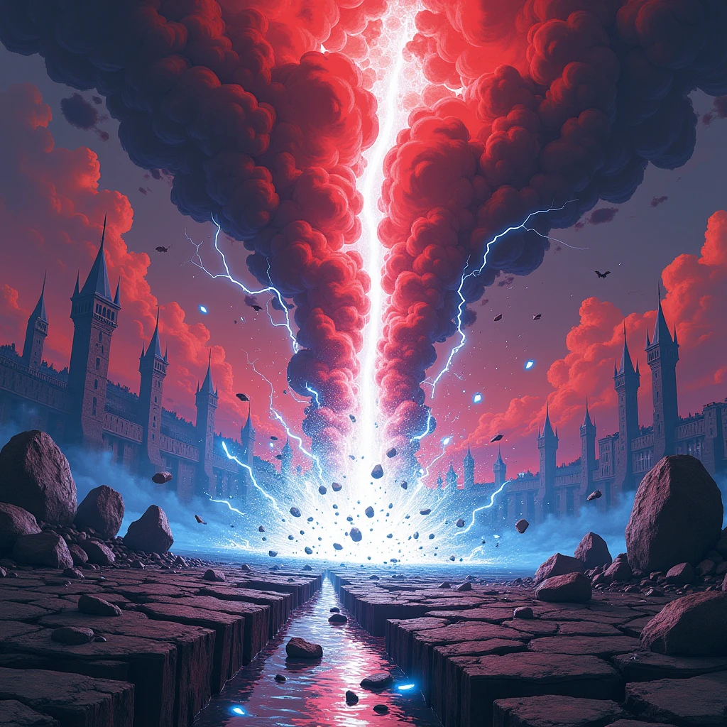 The image depicts an epic and destructive scene in a fantastic ...