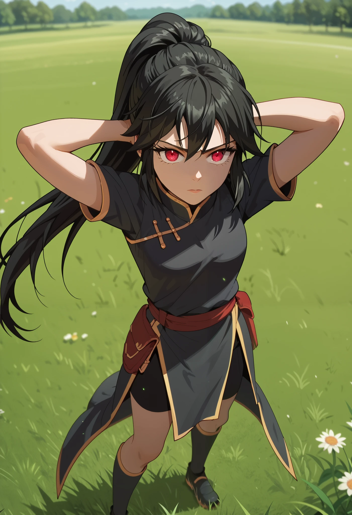 Anime girl with long black hair and red eyes posing in a field - SeaArt AI