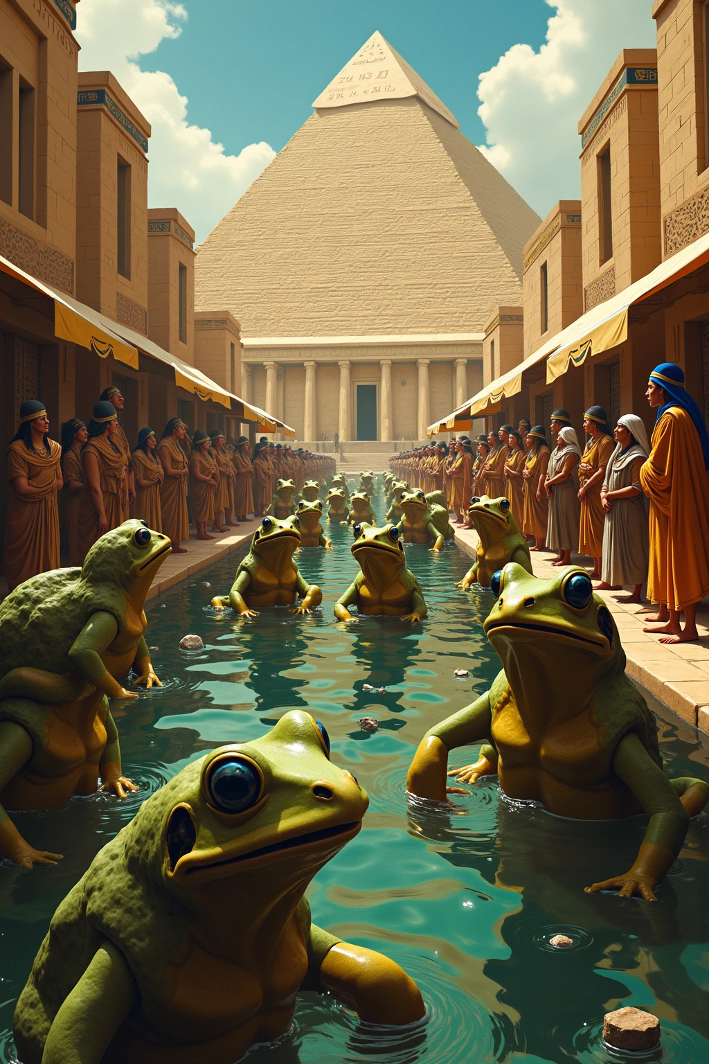 Ancient Egypt, Ancient Egyptians, people panicking, frogs all over the place - SeaArt AI