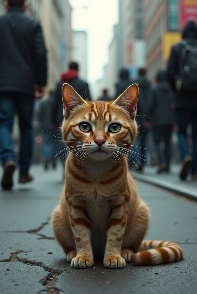 Brown sad skinny cat on the road where everyone is looking angrily ...