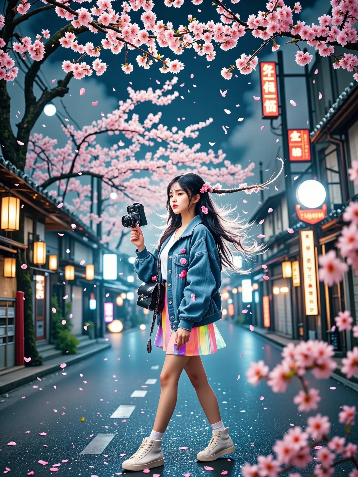 Japanese street fashion girl (silver highlights in twin tails - SeaArt AI