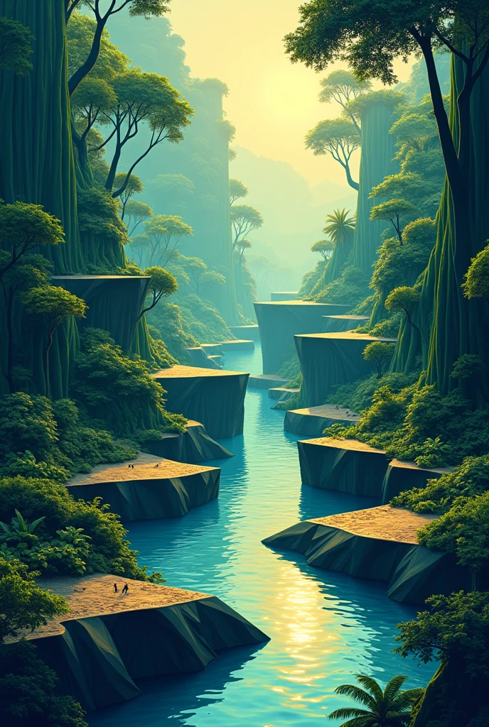 Jungle with a river with geometric figures, as if it were a drawing ...
