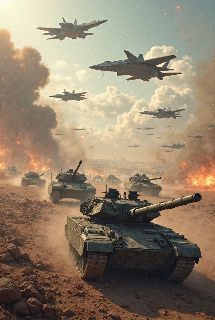 Create a war field 100 American war tanks, and armored war, e jatos f35 ...