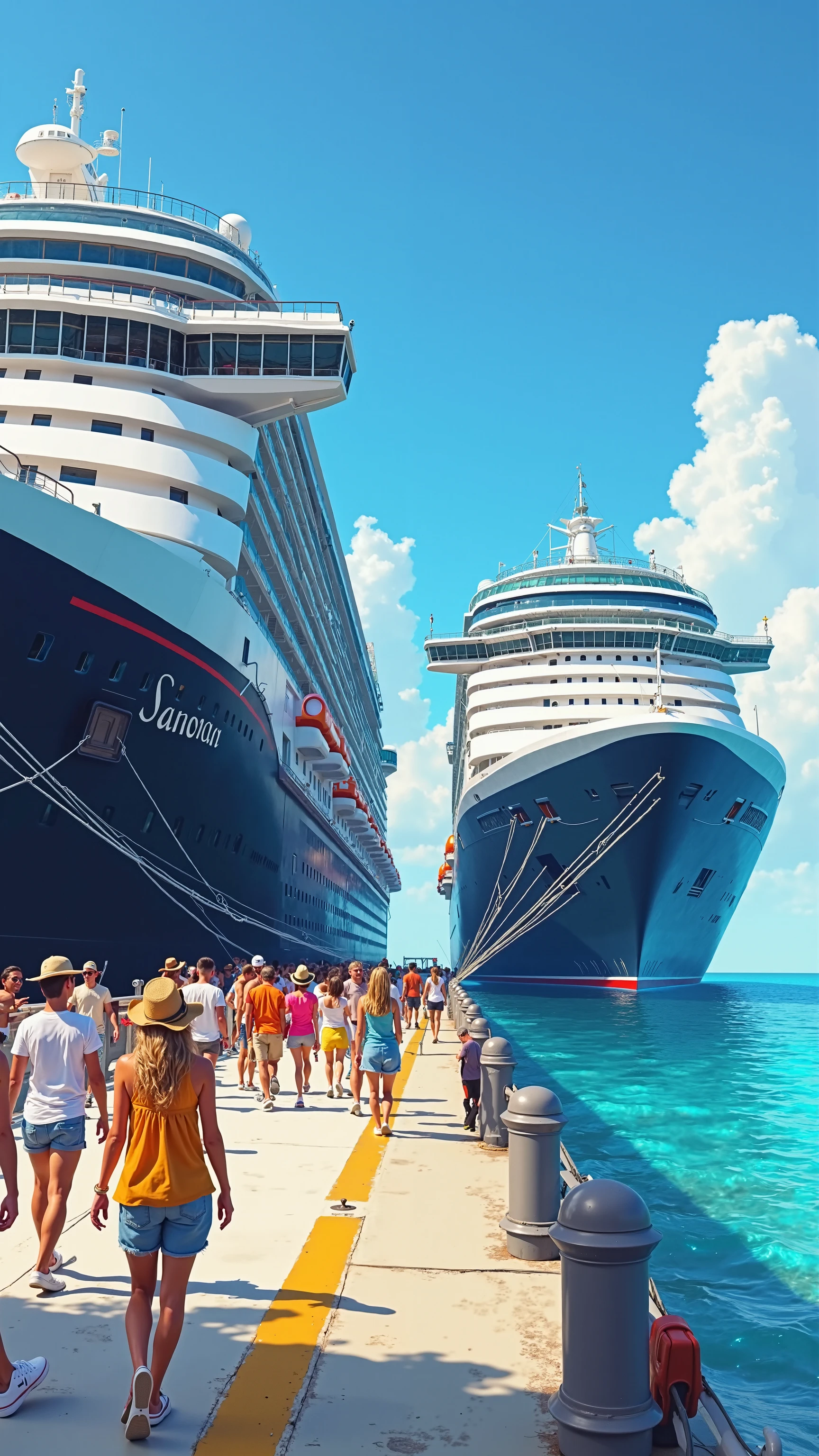 People walking on a pier with a cruise ship in the background - SeaArt AI