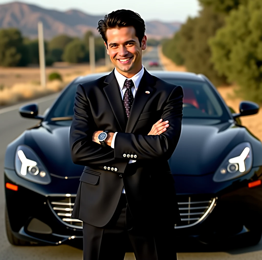 Ari stands in front of a sleek, high-end sports car, revving the engine ...