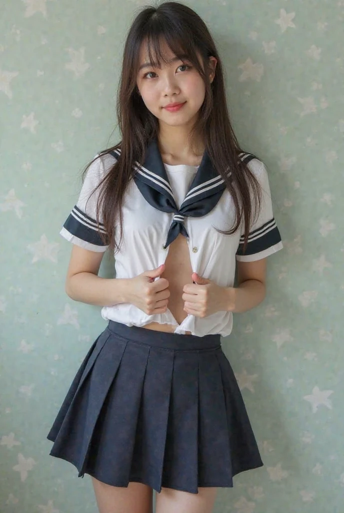 An asian school girl with a short skirt with her unbuttoned uniform ...