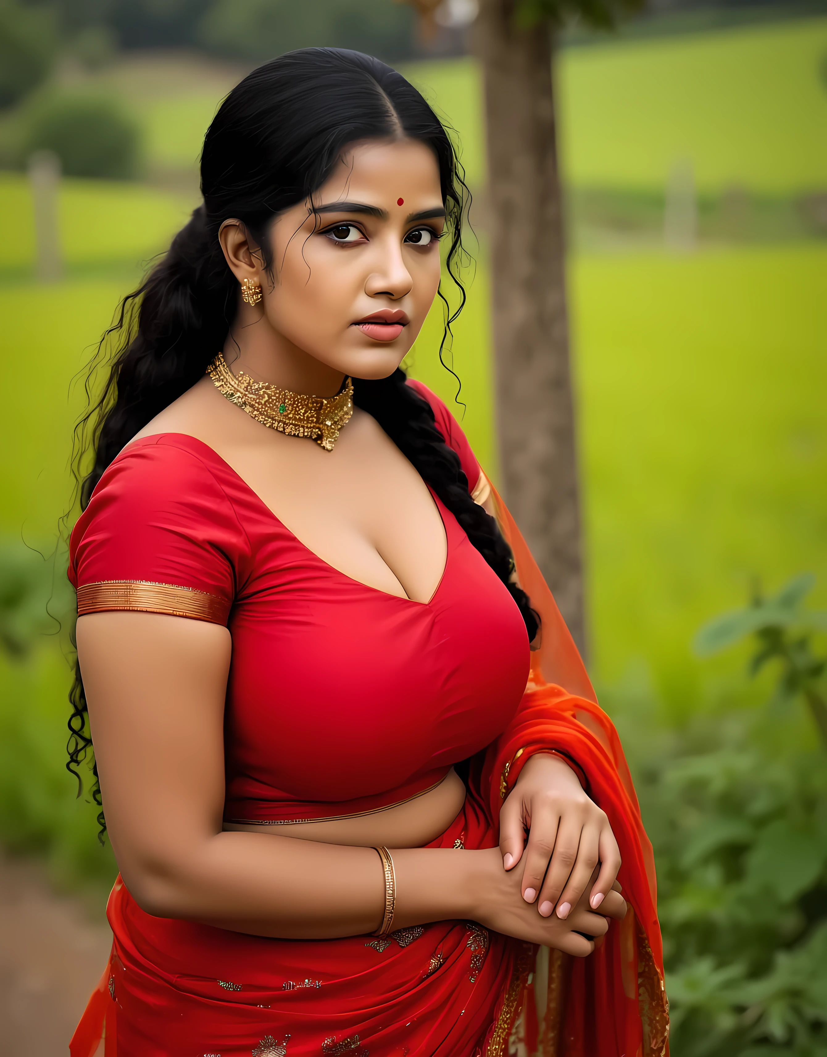 A woman in a red sari posing for a picture - SeaArt AI
