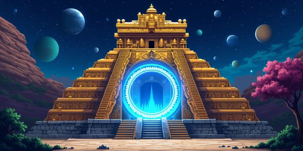 Golden Aztec temple with a blue circular interdimensional portal and an ...