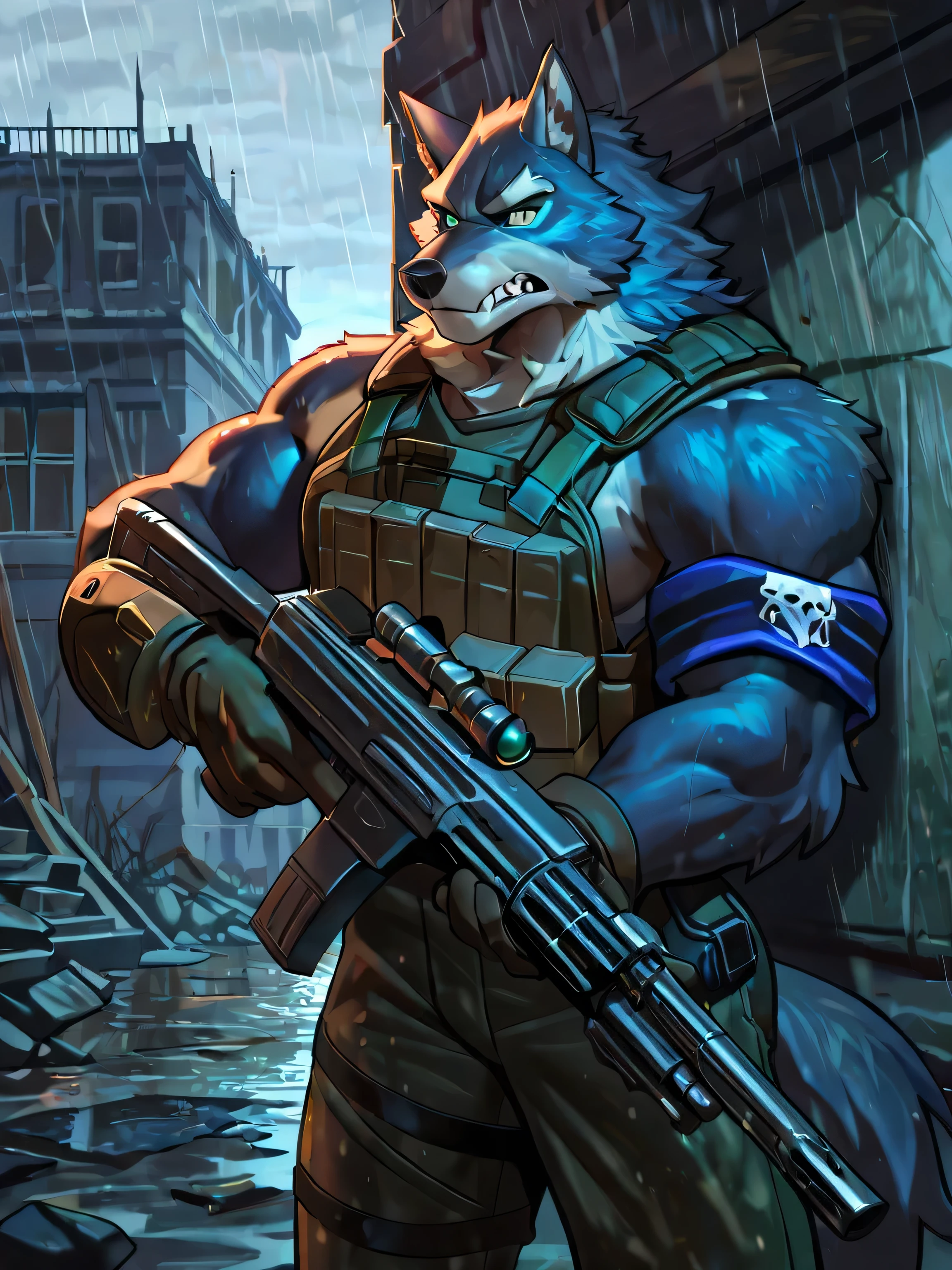 A close up of a person holding a rifle in a city - SeaArt AI