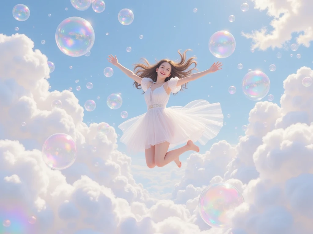 Woman jumping into fluffy white bubbles The background has a lot of ...