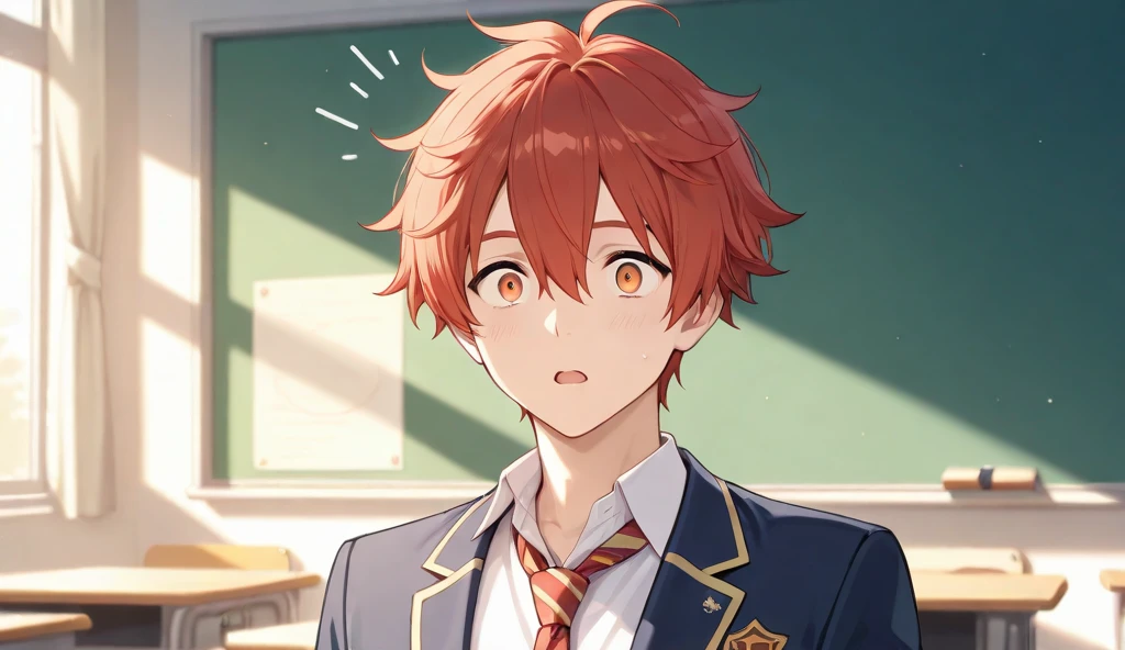 A brave-looking age boy suddenly stands up in a classroom, speaking ...