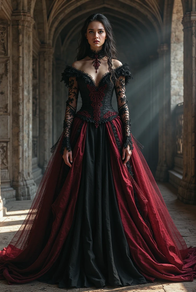 Manon blackbeak in a black and red gothic style ballgown. She is in a ...