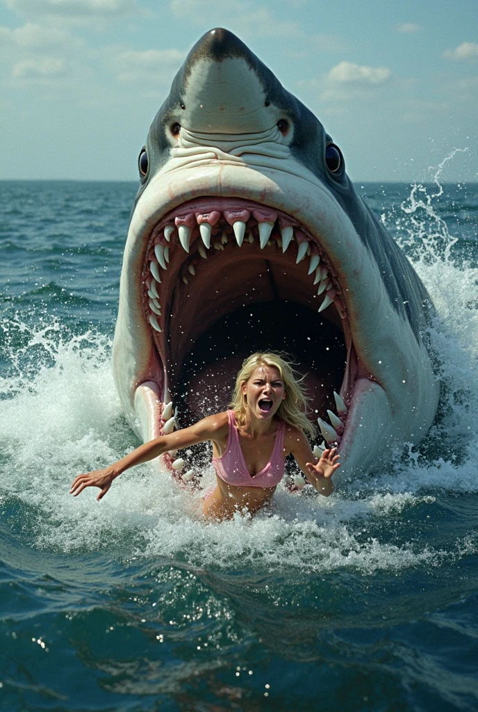 Great white shark attacks Chrissie the blonde beautiful young nude woman of Jaws - SeaArt AI