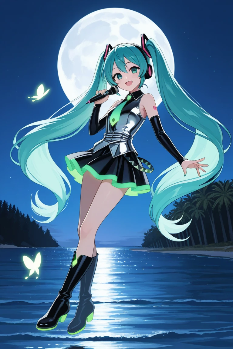 1 girl,VOCALOID,,,turquoise long twin tails holding a microphone ...