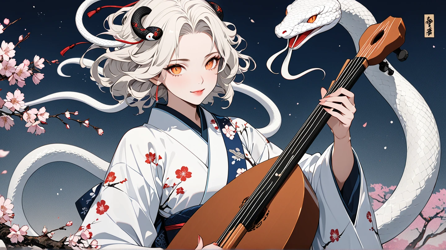 Female constellation that stands and plays the shamisen（snake - SeaArt AI